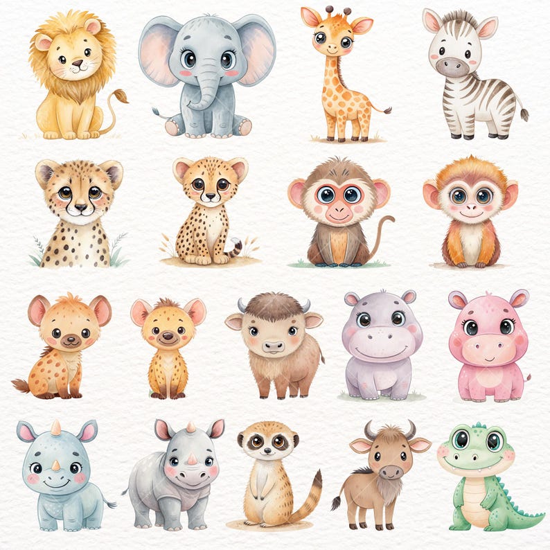 Safari Animals Clipart Set: Watercolor Jungle Nursery Art (PNG Files ...