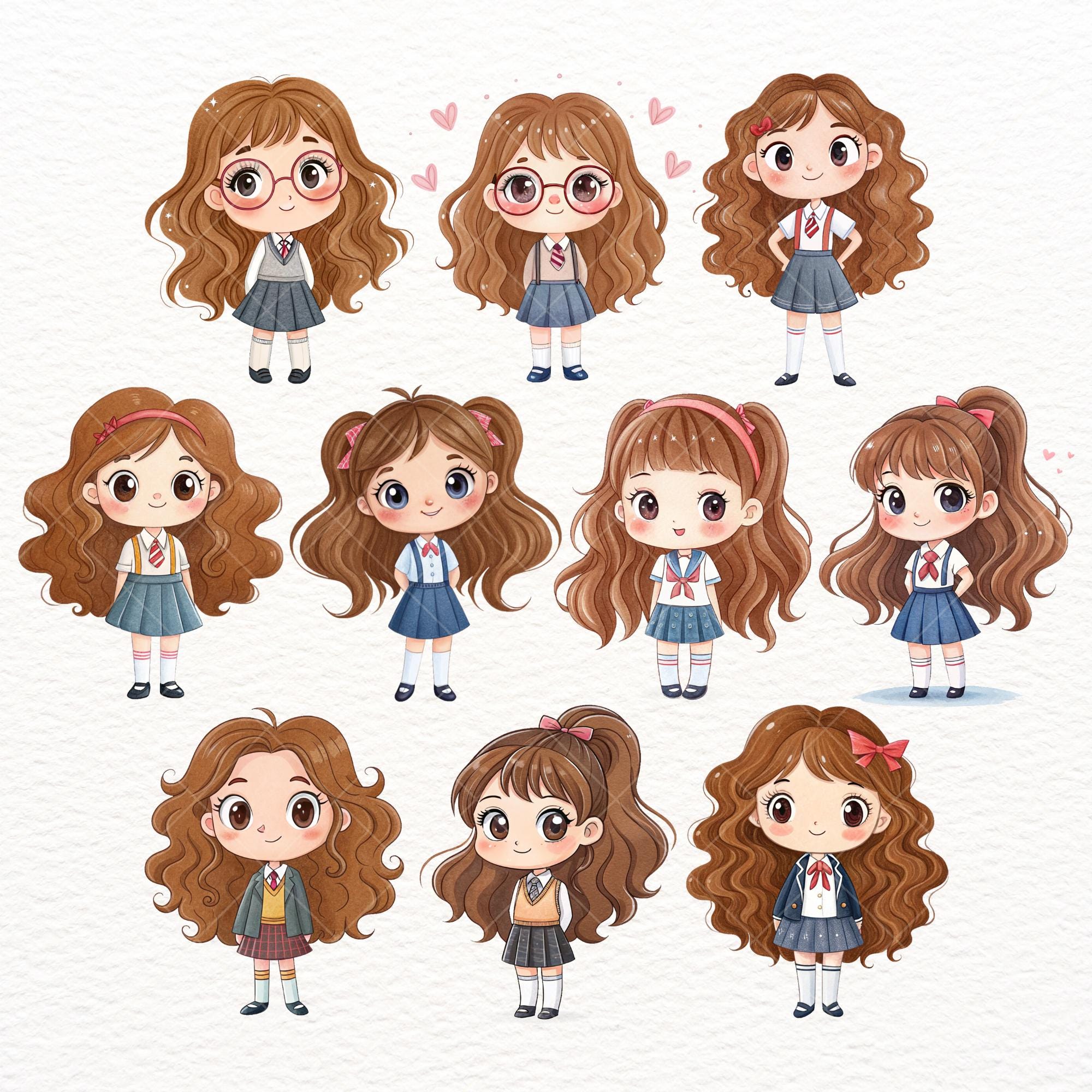 Back to School Girl Clipart, Cute Chibi Girls in Uniform, Kawaii School ...