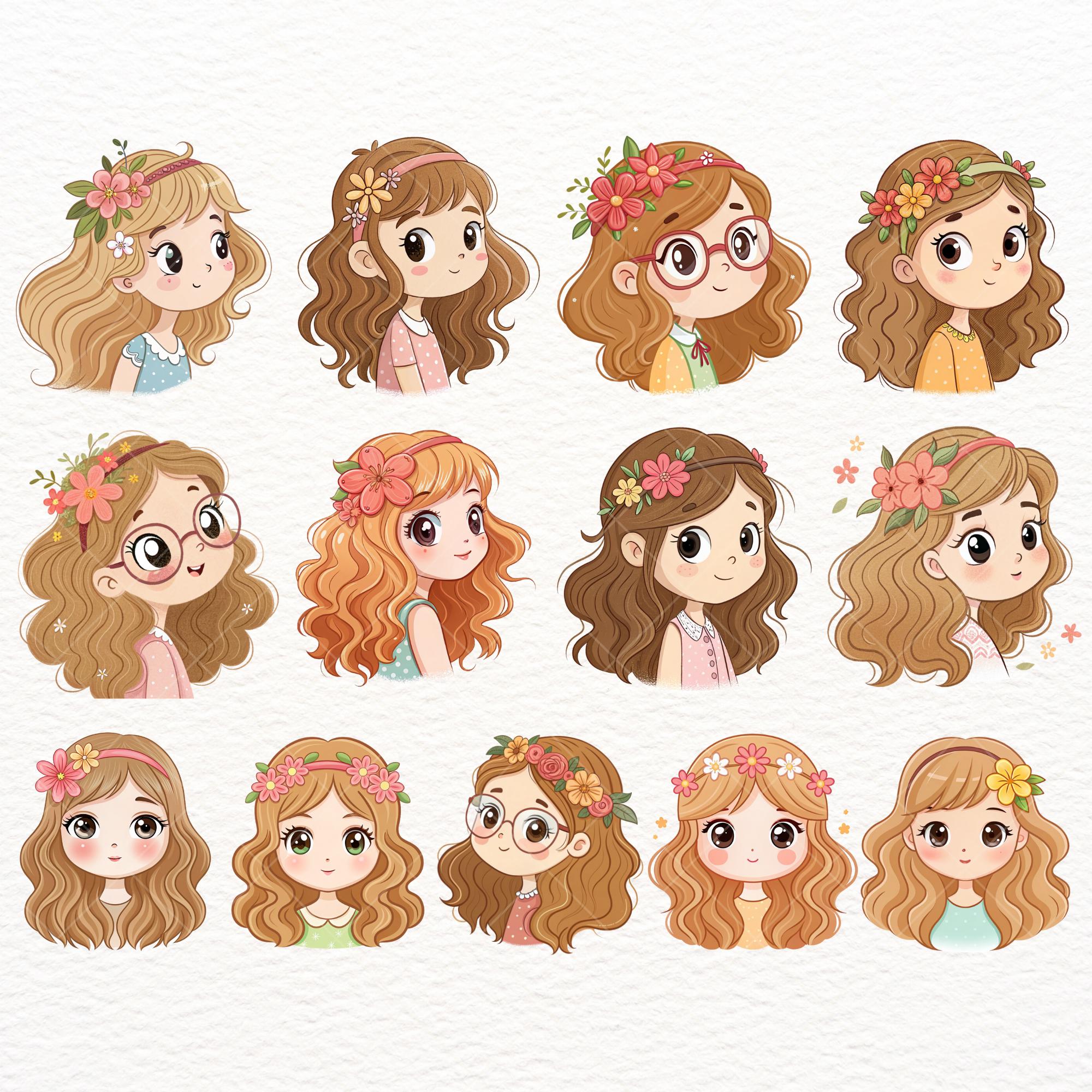 Cute Girl Portrait, Cute Chibi Face, Floral Hair, Digital Clipart ...