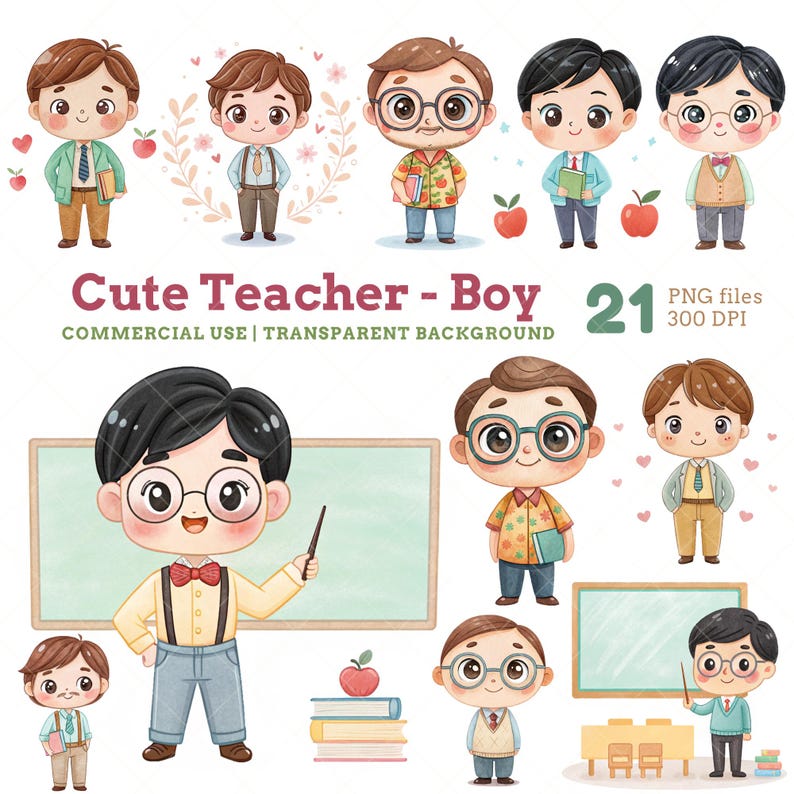 Watercolor Teacher Boy Clipart Set: School Classroom PNG (commercial ...