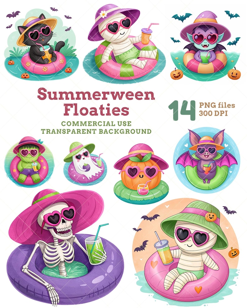Summerween Floatie Clipart, Cute Halloween Summer Beach PNG, Skeleton ...