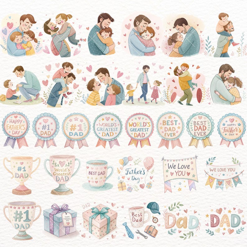 Father's Day Clipart: Dad & Kids Watercolor Illustrations (commercial ...