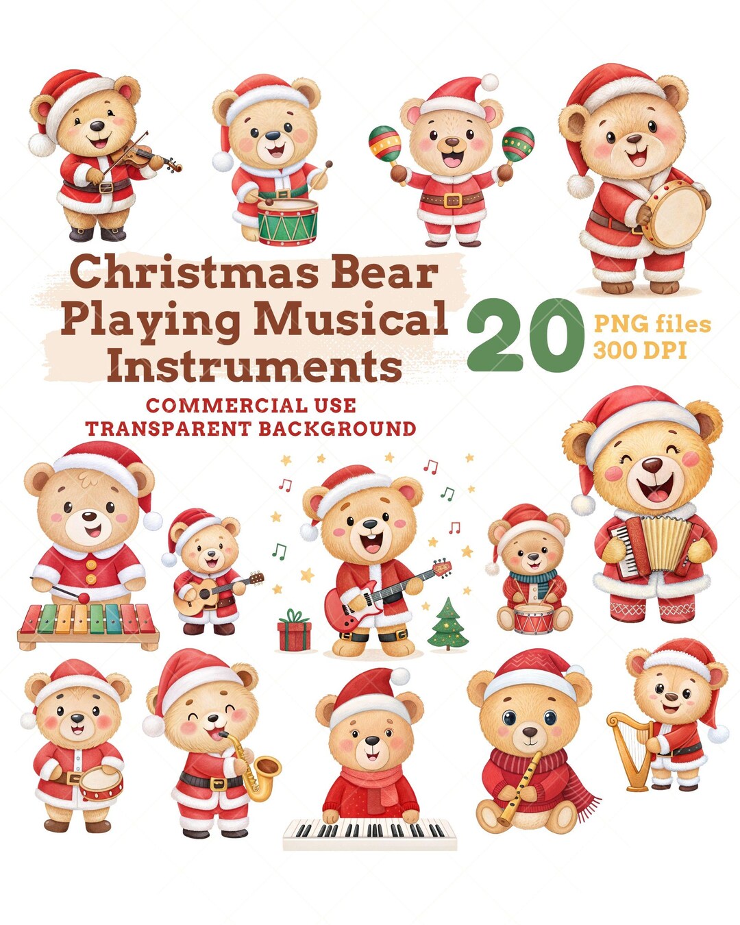Christmas Bear Playing Musical Instruments Clipart, Holiday Musician ...