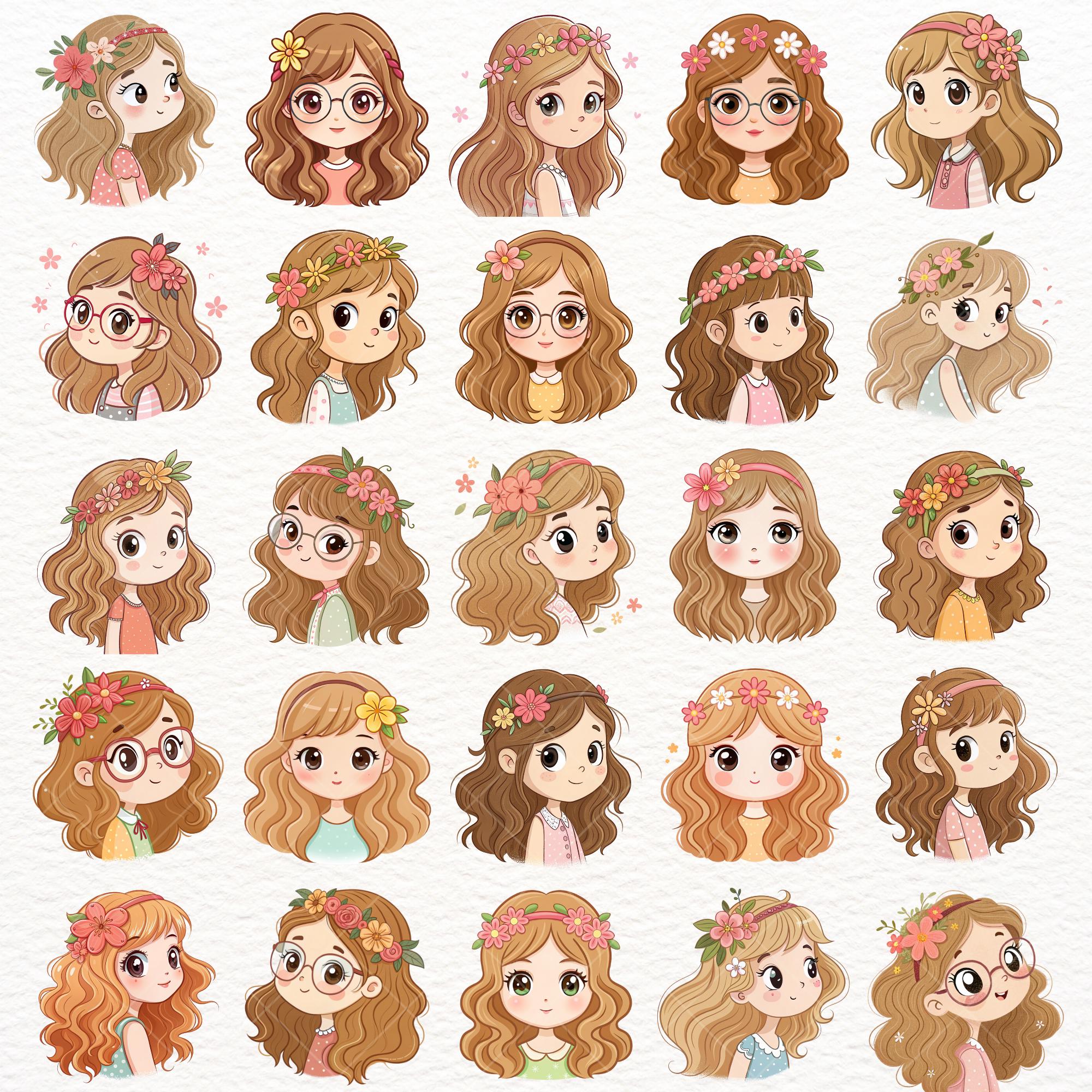 Cute Girl Portrait, Cute Chibi Face, Floral Hair, Digital Clipart ...