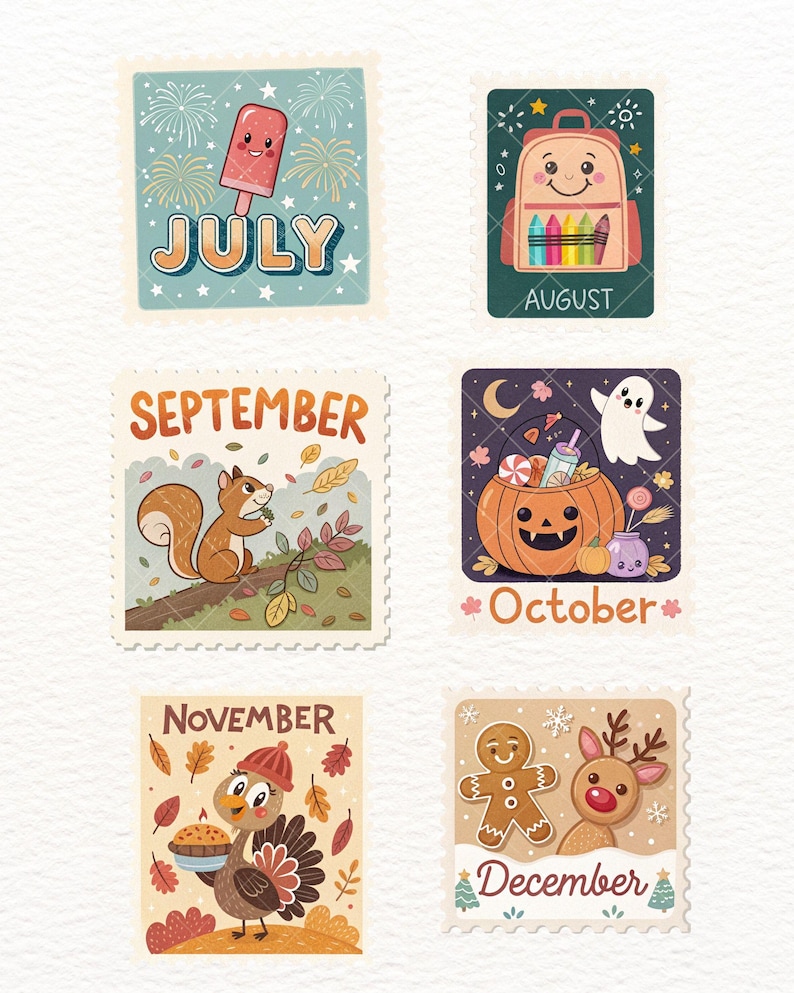 Monthly Postage Stamp Clipart: Seasonal Planner Stickers (commercial ...