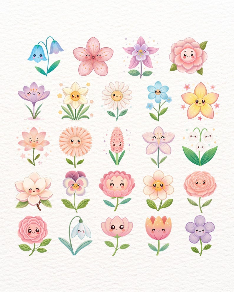 Kawaii Spring Flowers Clipart, Adorable Watercolor Floral PNG, Easter ...