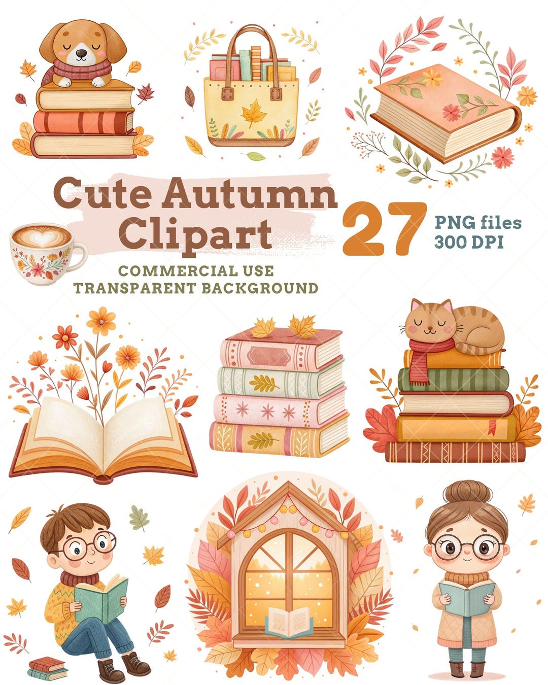 Cozy Autumn Books Clipart Bundle: Cat, Dog, Coffee, Bookish Girl and ...