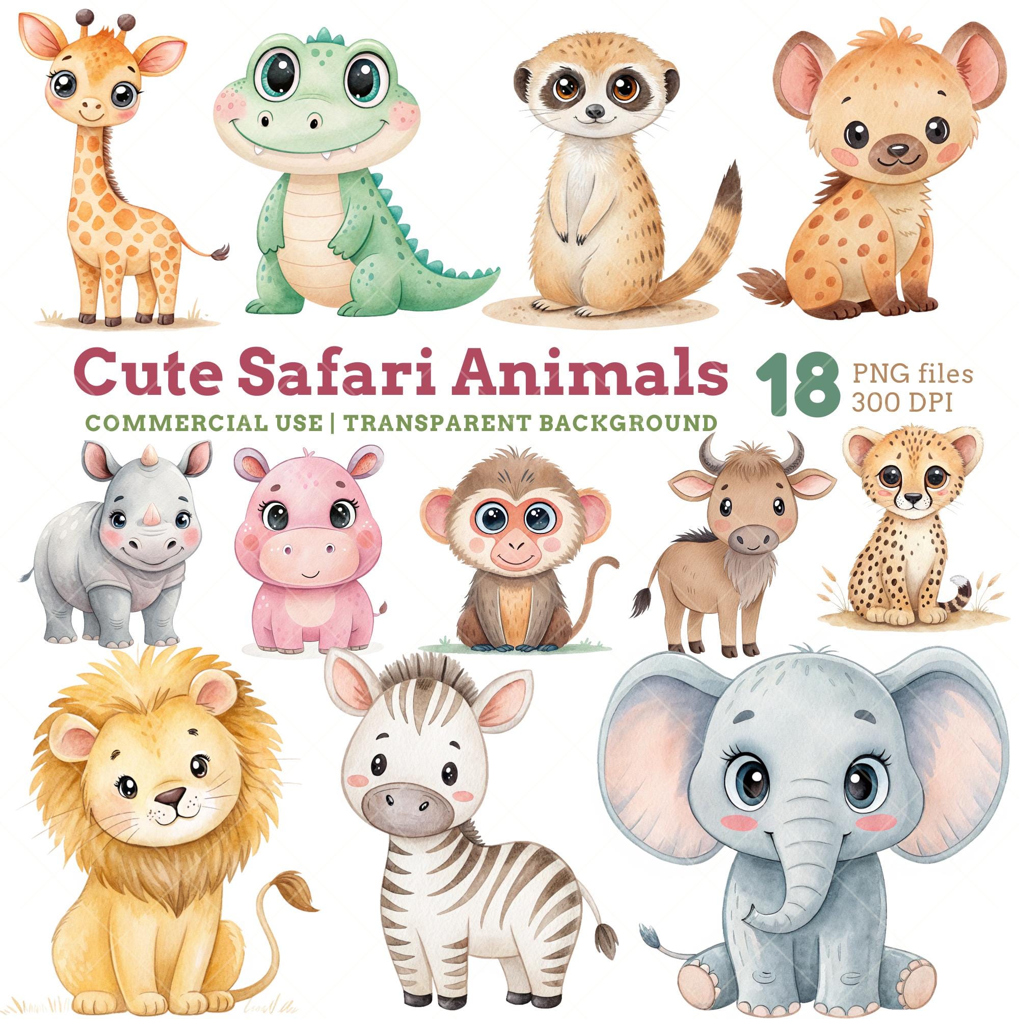 Safari Animals Clipart Set: Watercolor Jungle Nursery Art (PNG Files ...