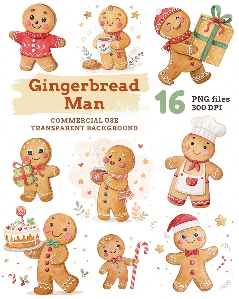Gingerbread Man Christmas Clipart: Holiday Cookie PNG, Baking Graphics ...