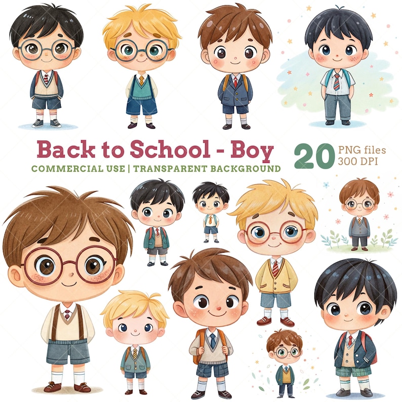 Back to School Boys Clipart, Cute Watercolor School Boys for Planners, Stickers, Crafts ...