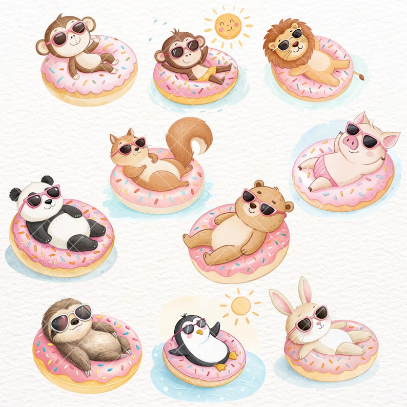 Summer Animals Clipart: Pool Floaties, Beach Vacation Illustrations ...