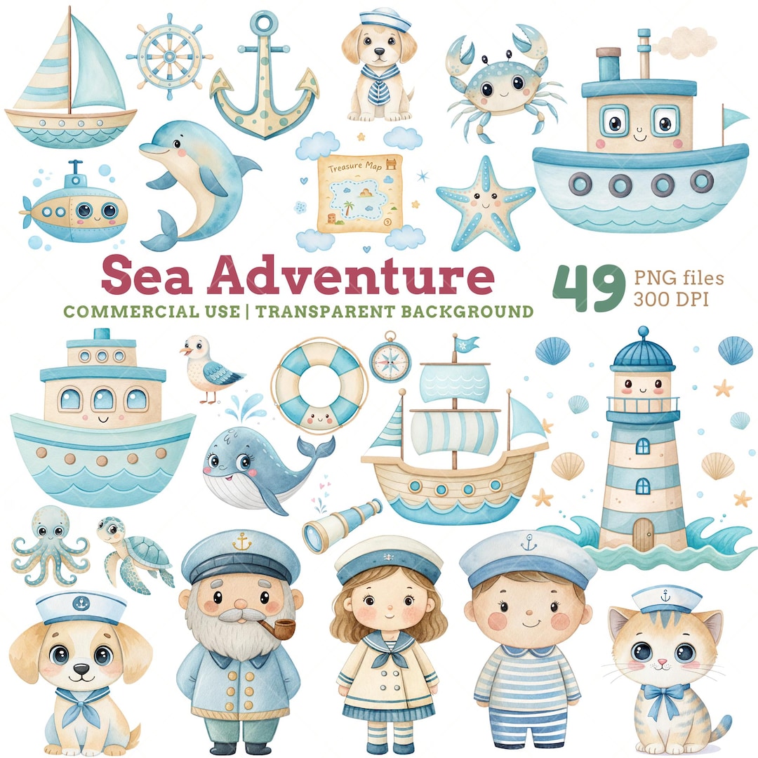 Nautical Kids Clipart: Sea Adventure, Ocean Creatures, Boats, Sailors ...