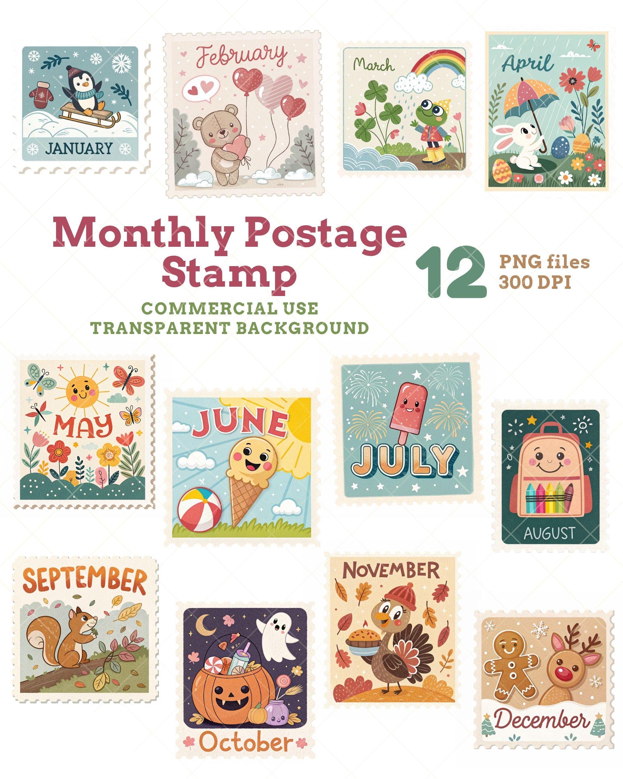 Monthly Postage Stamp Clipart: Seasonal Planner Stickers (commercial ...