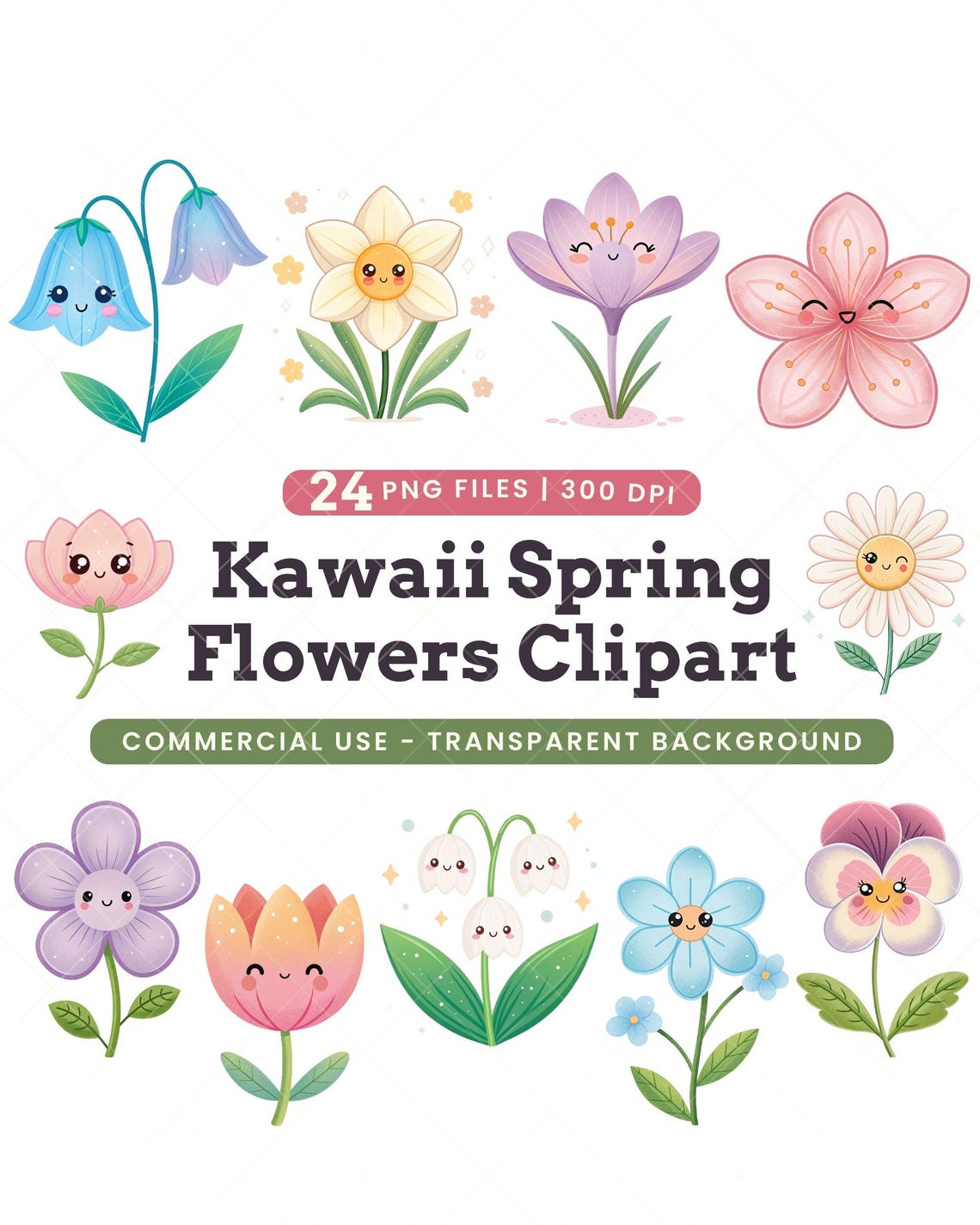 Kawaii Spring Flowers Clipart, Adorable Watercolor Floral PNG, Easter ...