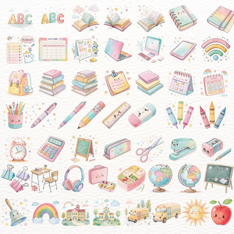 Kawaii Back to School Clipart: Pastel School Supplies, Classroom Decor ...