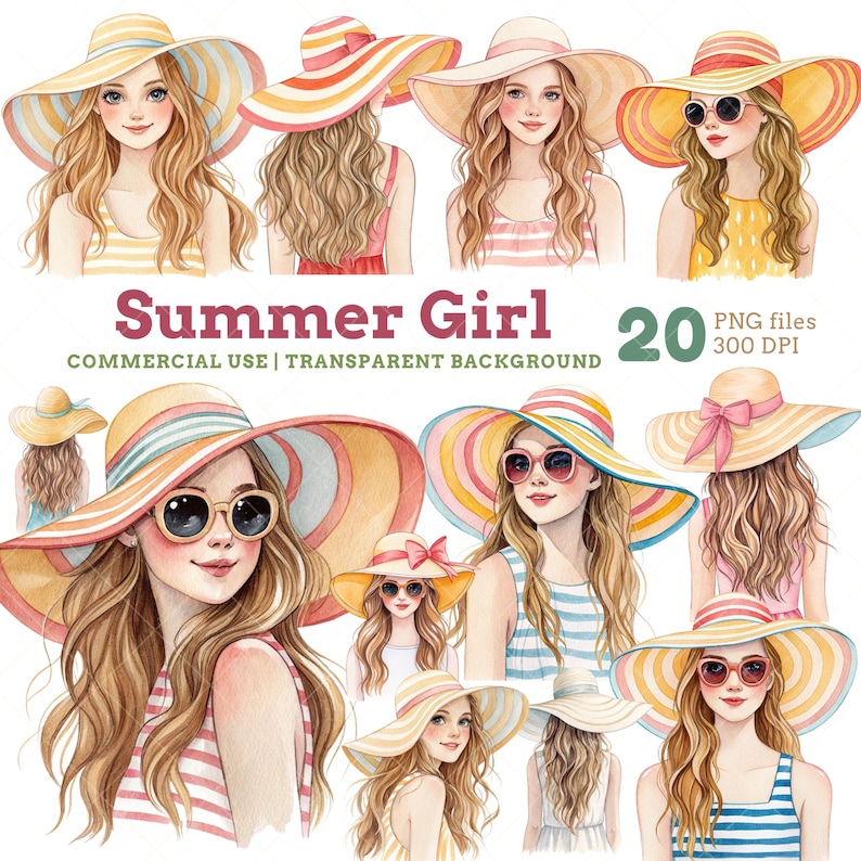 Summer Girl Clipart Bundle, Watercolor Fashion Girls With Hats, Cute ...