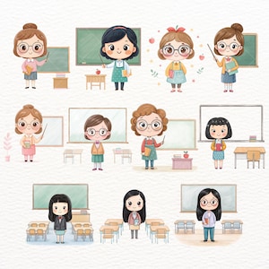 Cute Teacher Girl Clipart Set, Watercolor Female Teachers, Classrooms ...