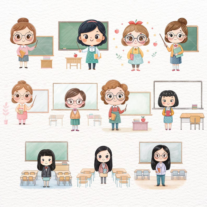 Cute Teacher Girl Clipart Set, Watercolor Female Teachers, Classrooms ...