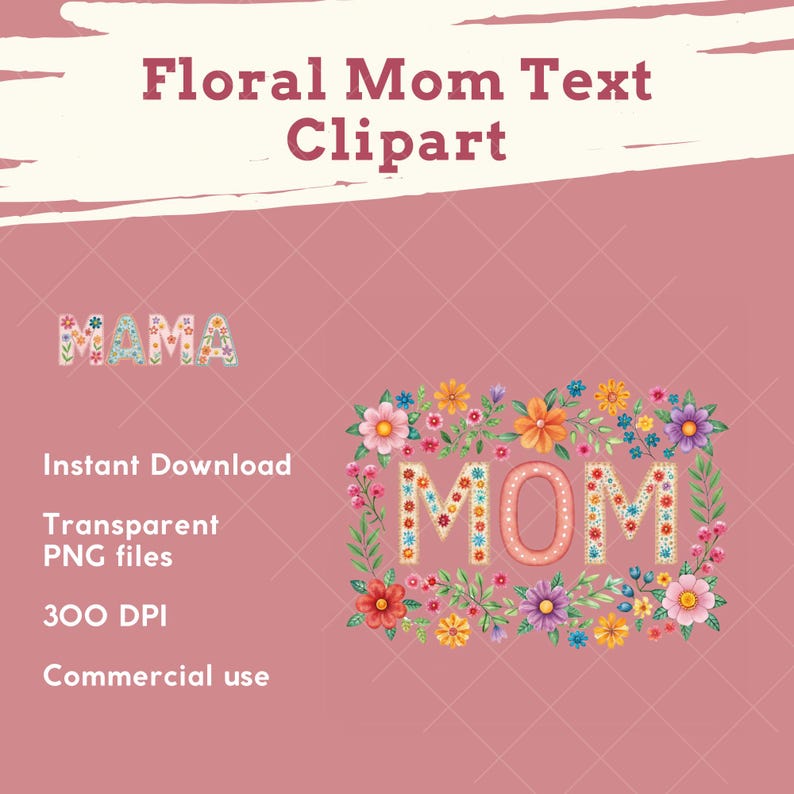 Floral Mom Text Clipart: Mother's Day PNG Letters (digital Download ...