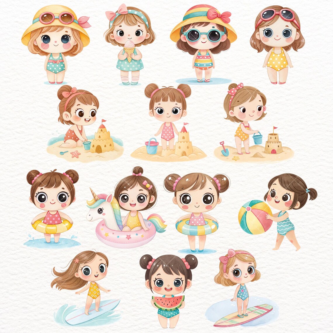Summer Kids Clipart: Beach Girls, Ice Cream, Sandcastles, Stickers and ...