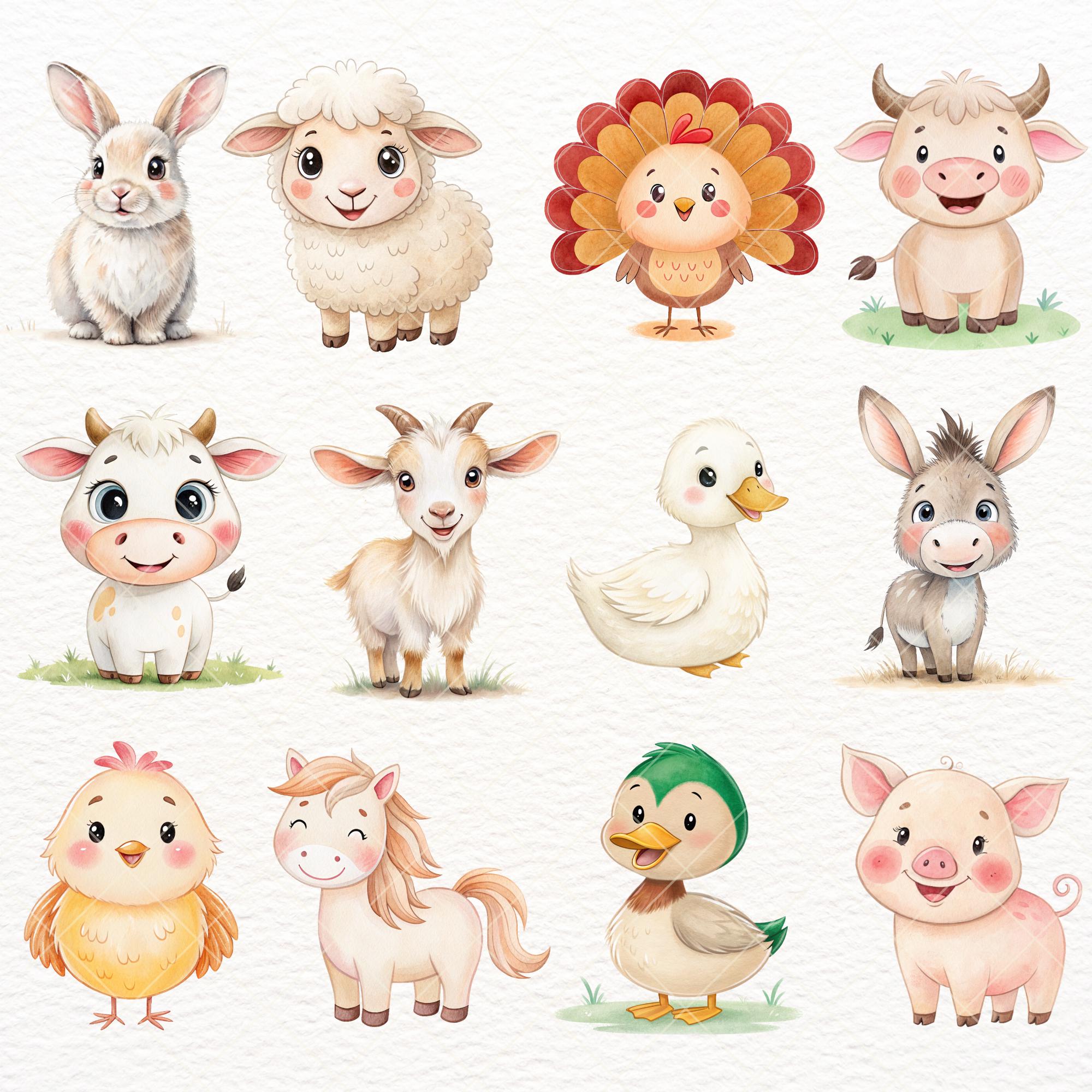 Watercolor Cute Farm Animal Clipart Set, Baby Barnyard Animals for Kids ...