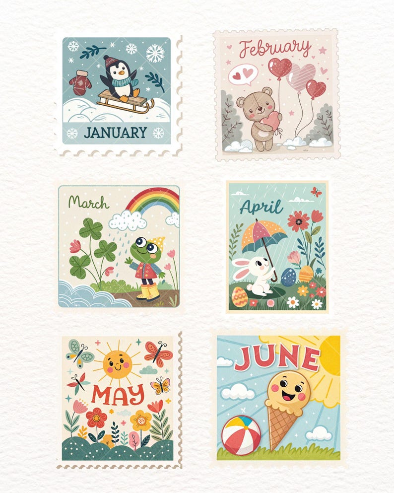 Monthly Postage Stamp Clipart: Seasonal Planner Stickers (commercial ...