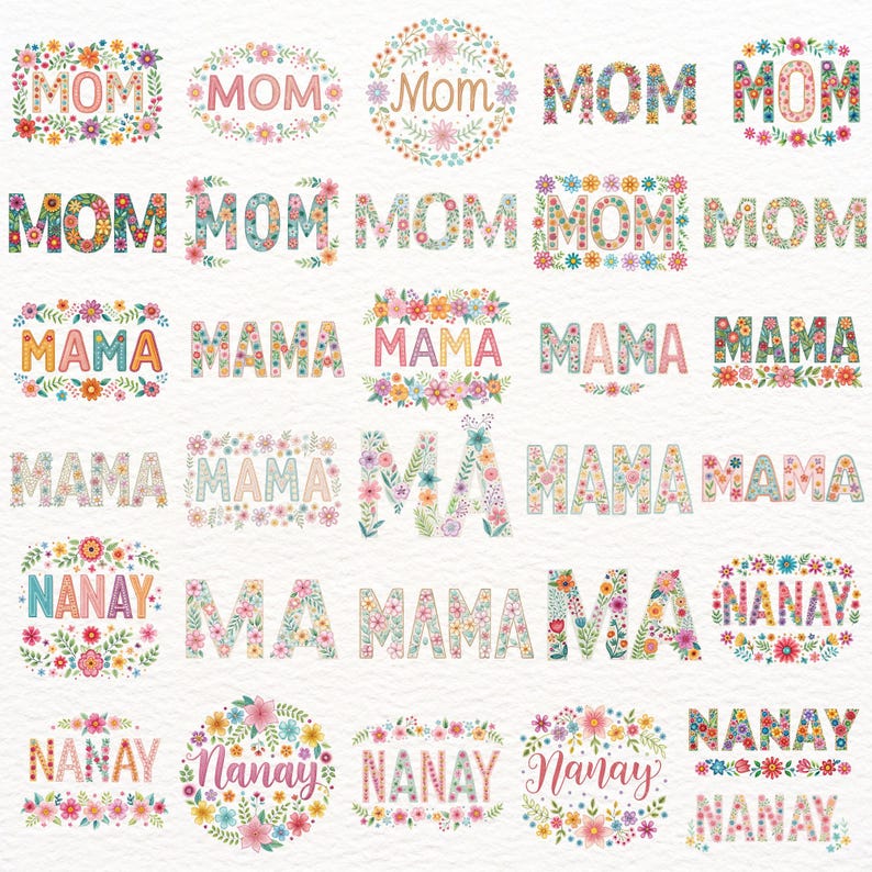 Floral Mom Text Clipart: Mother's Day PNG Letters (digital Download ...