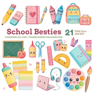 Kawaii School Supplies Clipart: School Besties Pngs (digital Download ...