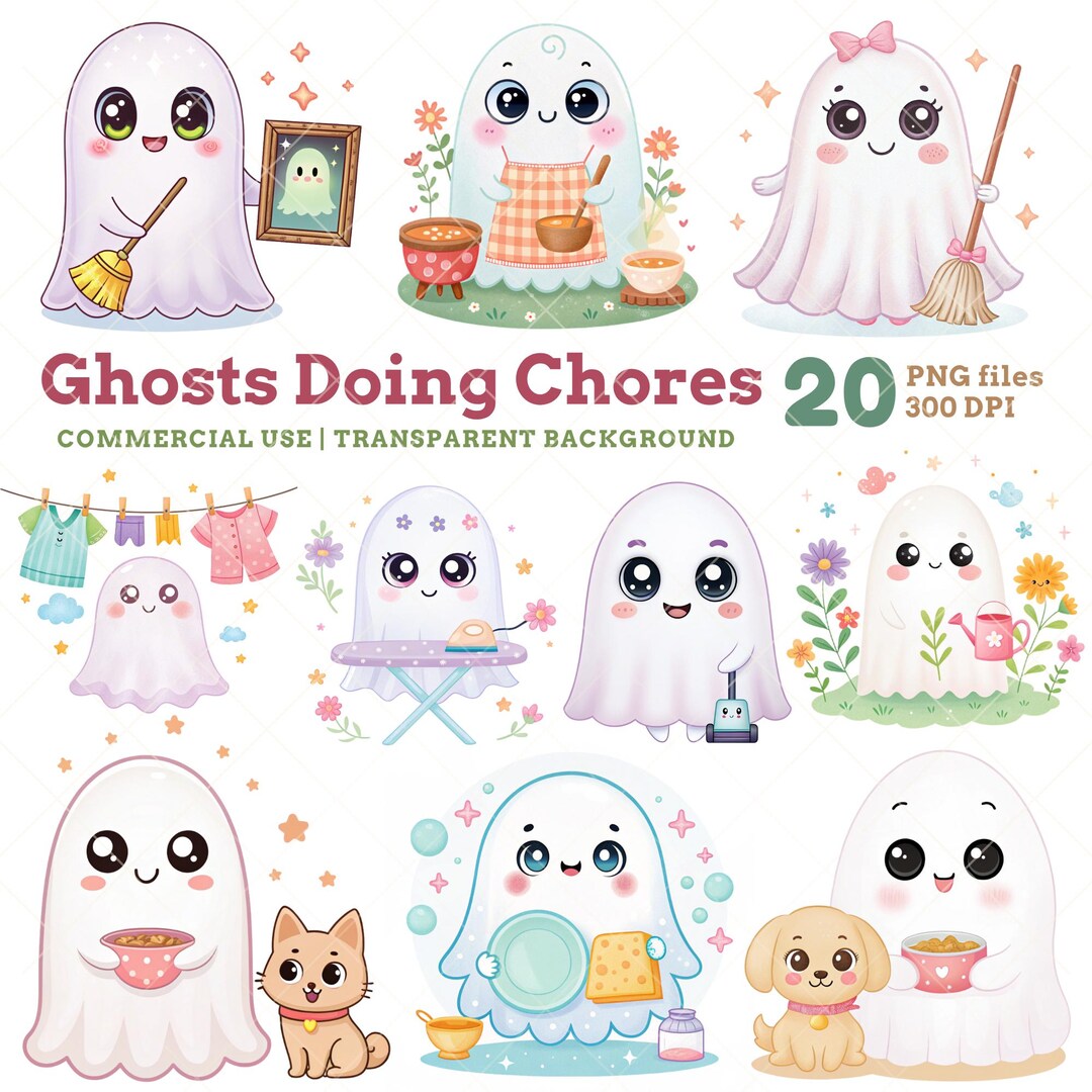 Cute Ghosts Doing Chores Clipart, Adorable Kawaii Ghosts Doing ...