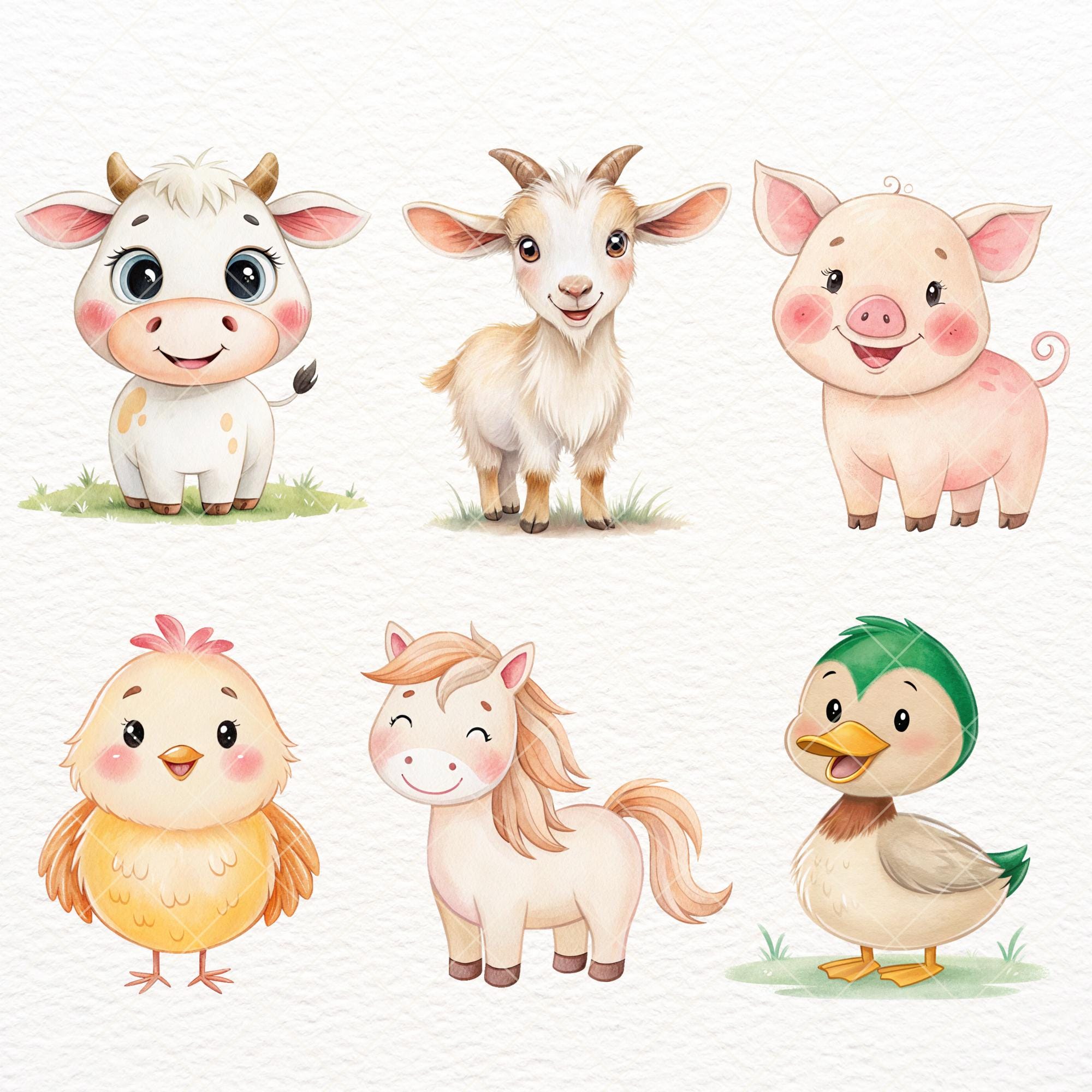 Watercolor Cute Farm Animal Clipart Set, Baby Barnyard Animals for Kids ...