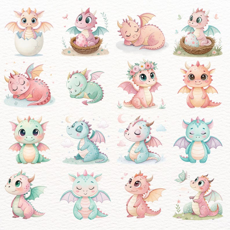 Watercolor Baby Dragon Clipart, Cute Fantasy Dragon Pngs for Kids ...