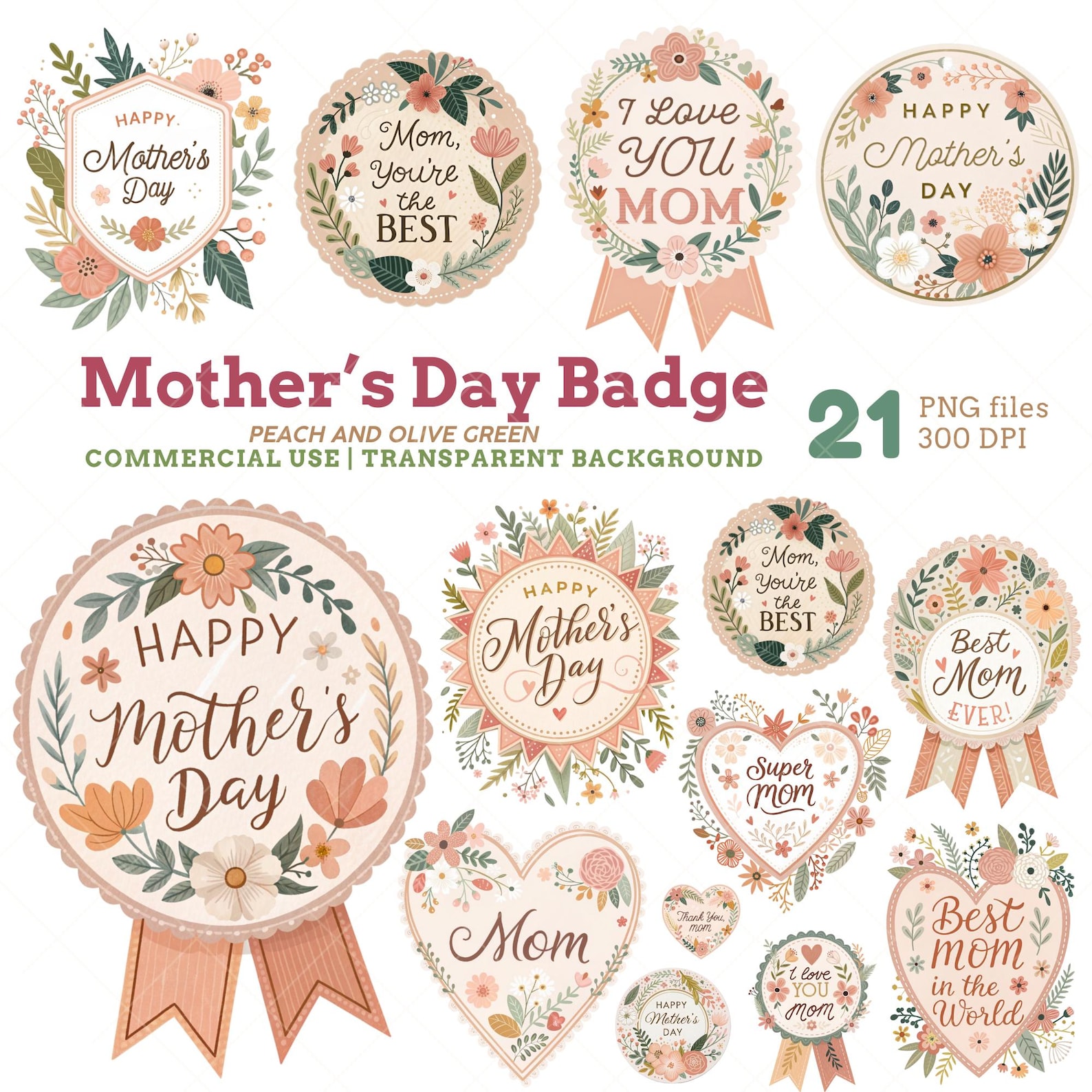Mother's Day Badge Clipart, Floral Mom Stickers, Vintage Ribbon Badges ...