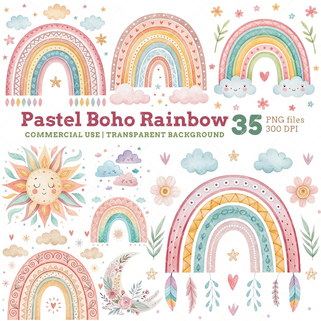 Pastel Boho Rainbow Clipart, Soft Bohemian Rainbows, Clouds, Moons ...