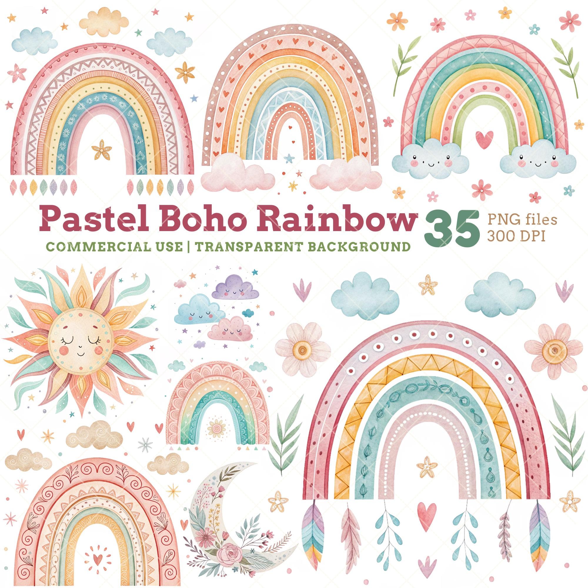 Pastel Boho Rainbow Clipart Set: Nursery Art Graphics, Clouds, Moons ...