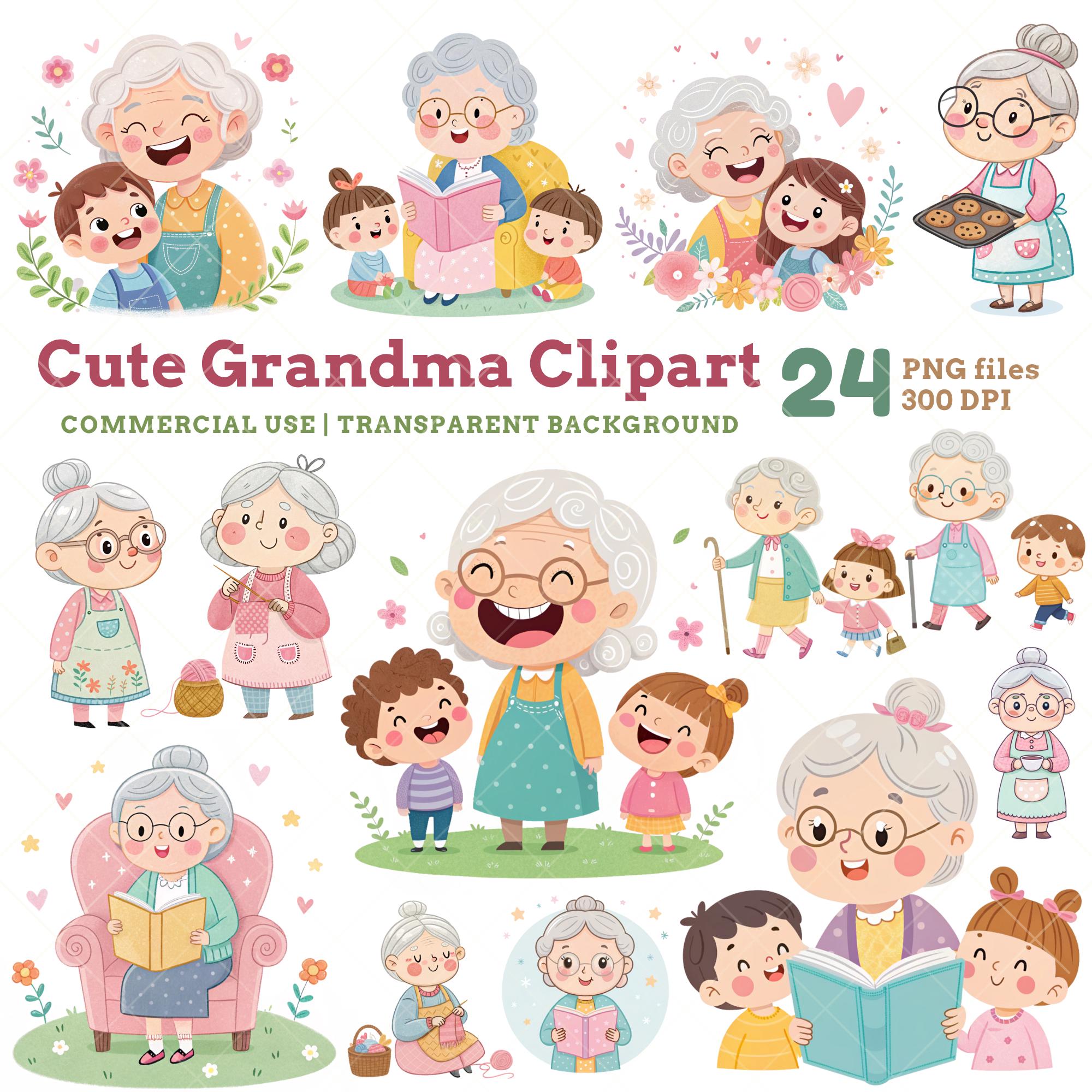 Watercolor Grandma Clipart PNG: Whimsical Grandmother & Kids, Family ...