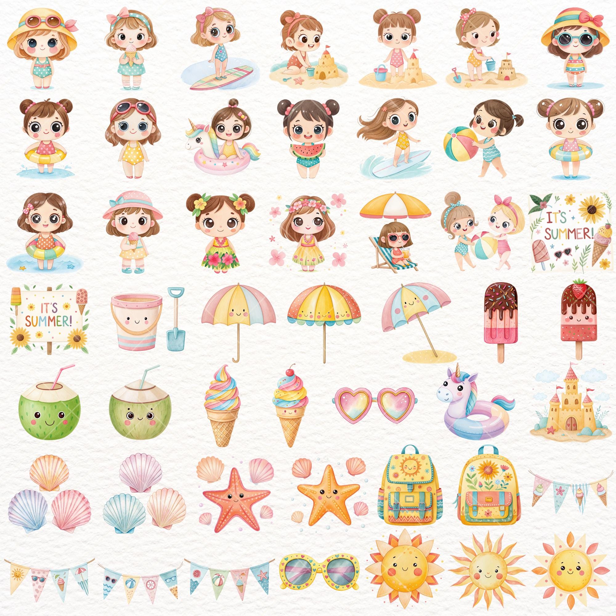 Summer Kids Clipart: Beach Girls, Ice Cream, Sandcastles, Stickers and ...