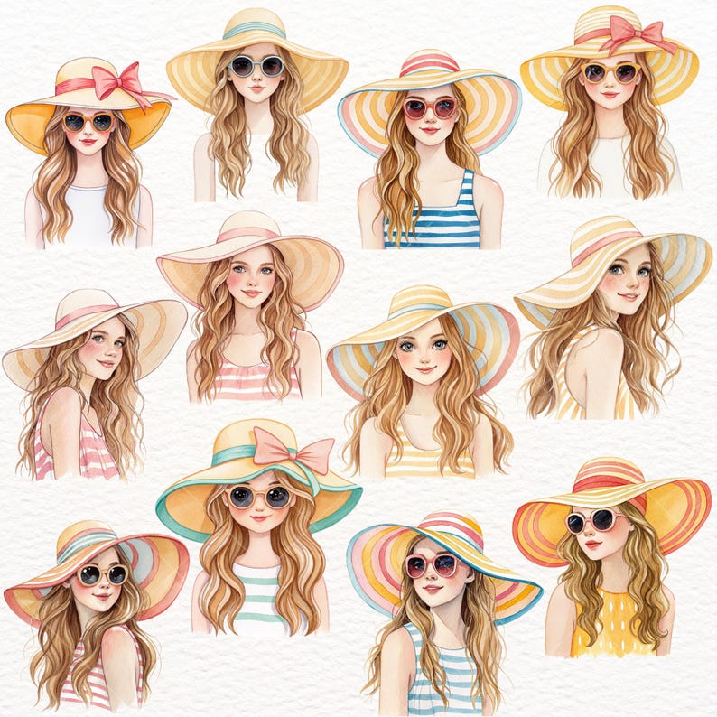 Summer Girl Clipart Bundle, Watercolor Fashion Girls With Hats, Cute ...