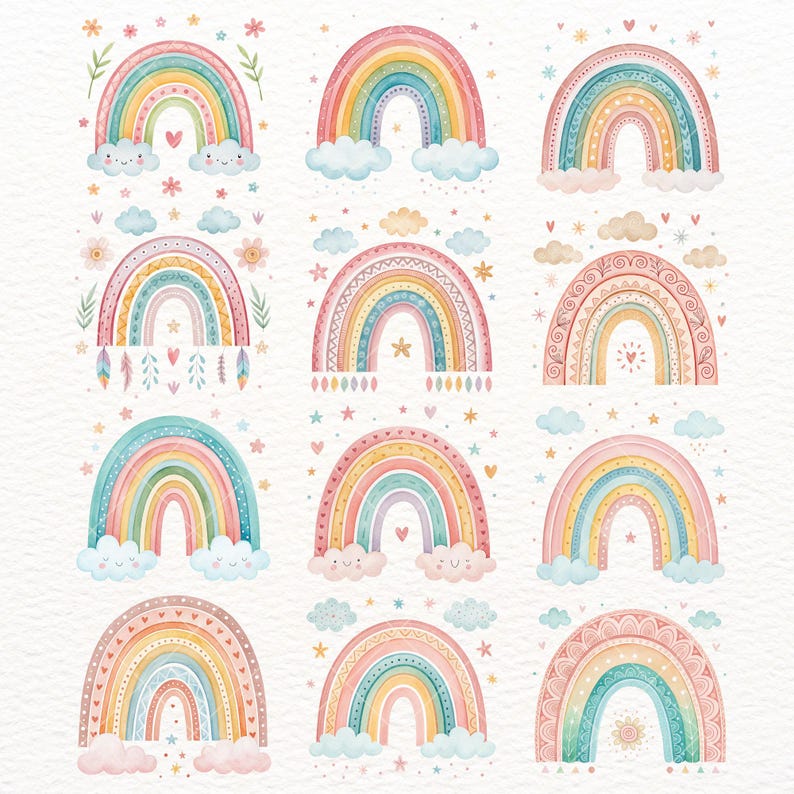Pastel Boho Rainbow Clipart Set: Nursery Art Graphics, Clouds, Moons ...
