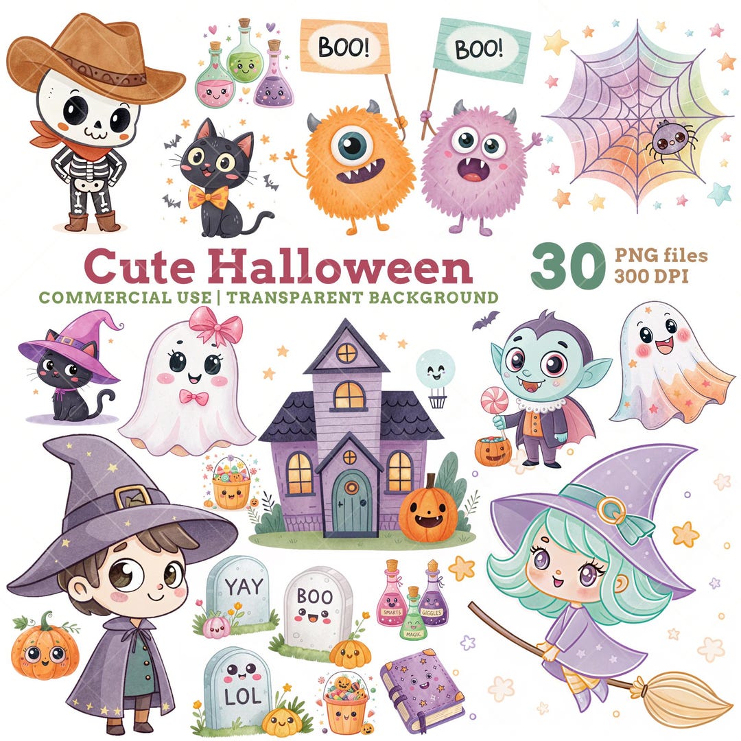 Kawaii Halloween Clipart Bundle, 30 Spooky Kids Pngs, Digital Download ...