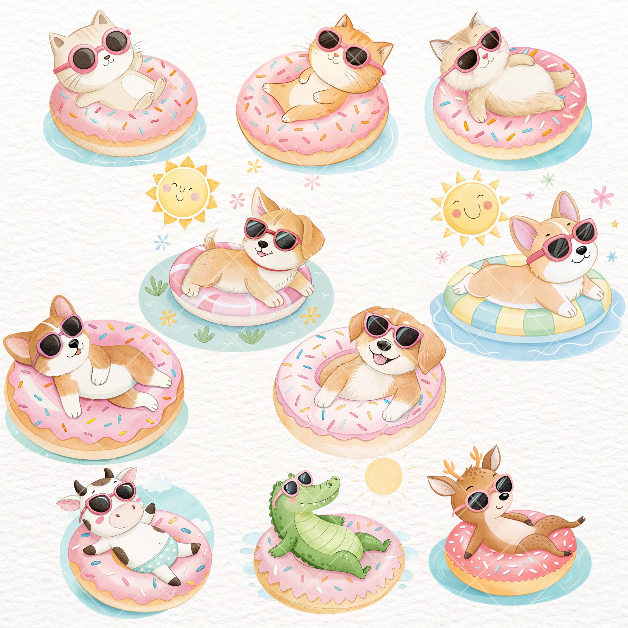 Summer Animals Clipart: Pool Floaties, Beach Vacation Illustrations ...