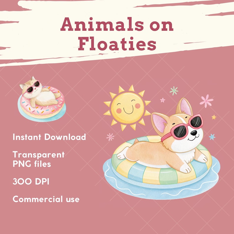 Summer Animals Clipart: Pool Floaties, Beach Vacation Illustrations ...
