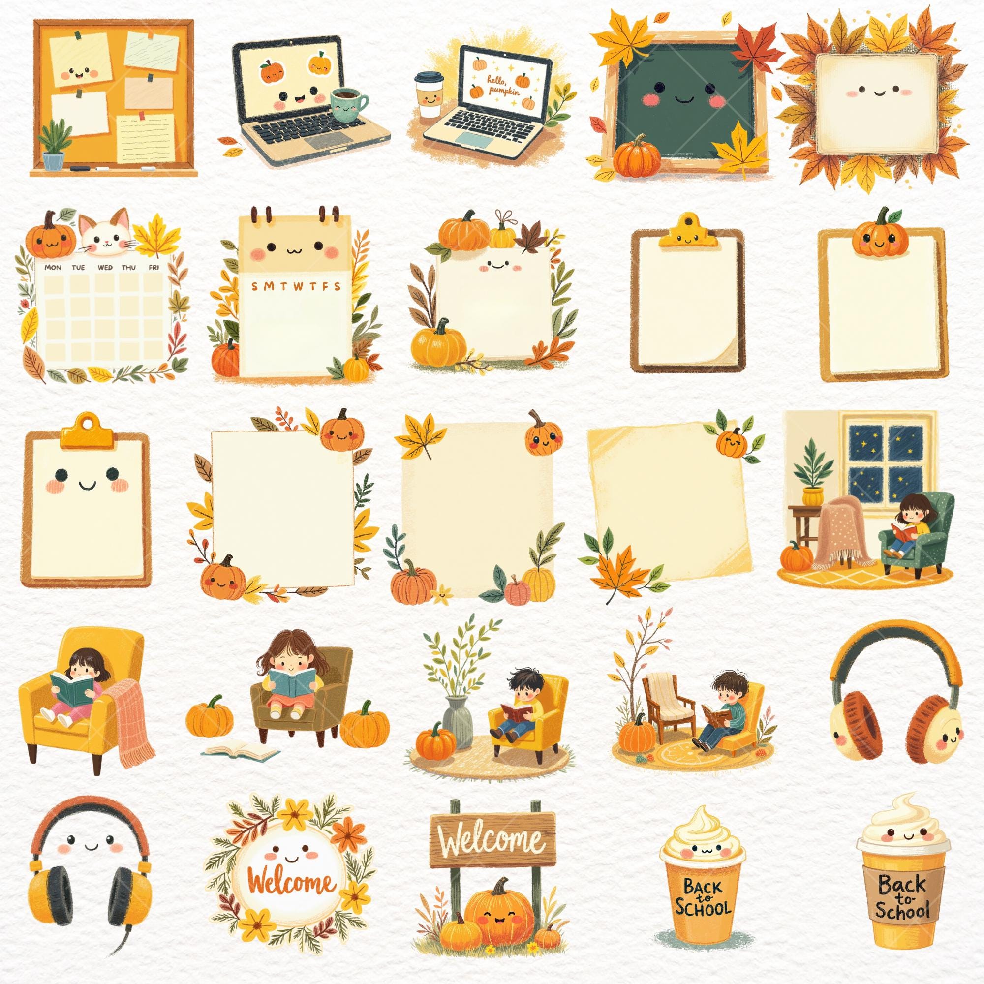 50 Autumn School Clipart Bundle: Cozy Kids, Books, Pumpkins, Fall ...