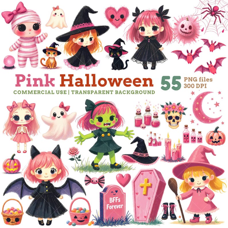 Pink Halloween Clipart, Kawaii Spooky Girls PNG (commercial Use) - Etsy