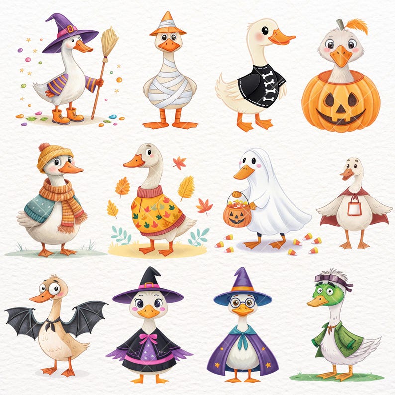 Silly Halloween Goose Clipart, Cute Fall Geese in Costumes PNG, Witch ...