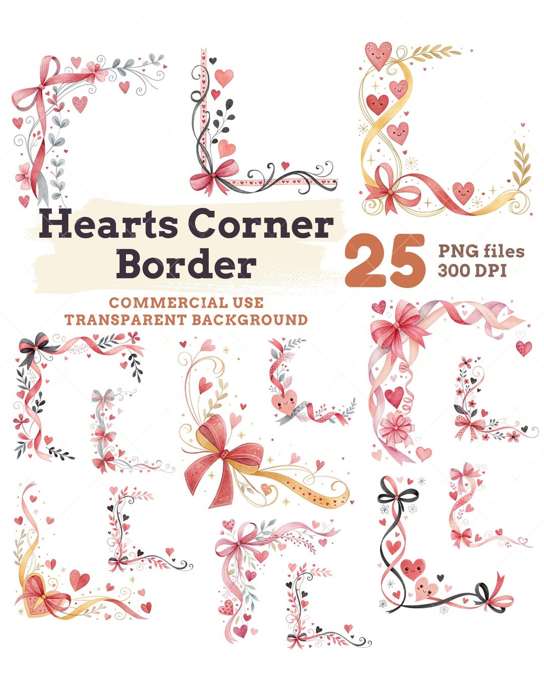 Hearts Corner Border Clipart, Watercolor Valentine's Day Frame, Ribbon ...