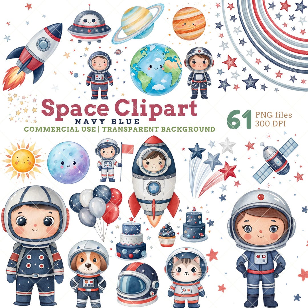 Navy Blue Space Clipart Bundle: Astronauts, Rockets, Planets (PNG ...