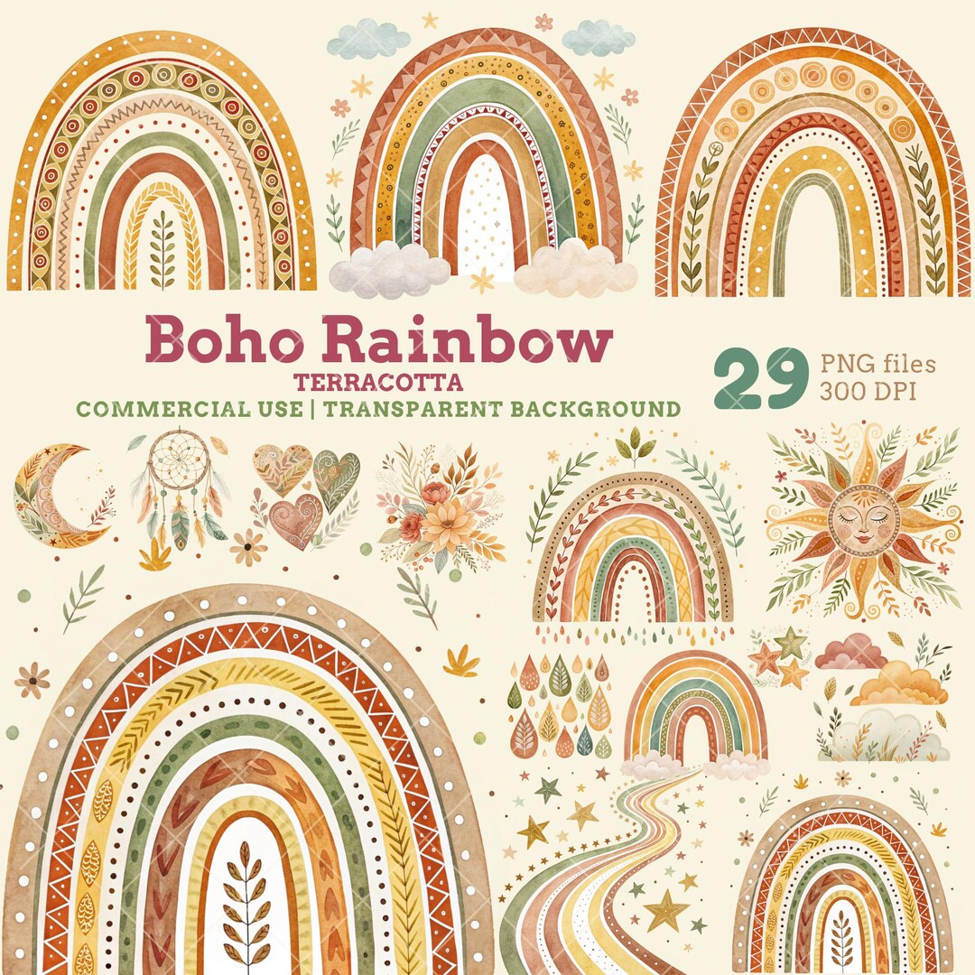 Boho Rainbow Terracotta Clipart Watercolor Boho Rainbows Sun Moon ...