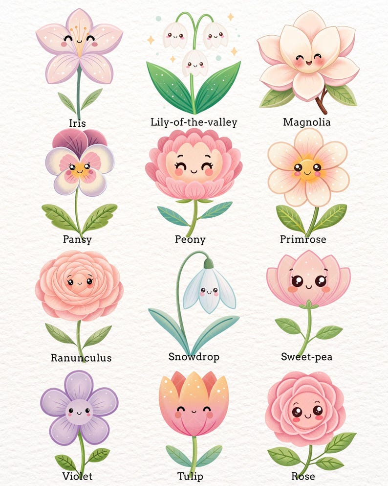 Kawaii Spring Flowers Clipart, Adorable Watercolor Floral PNG, Easter ...