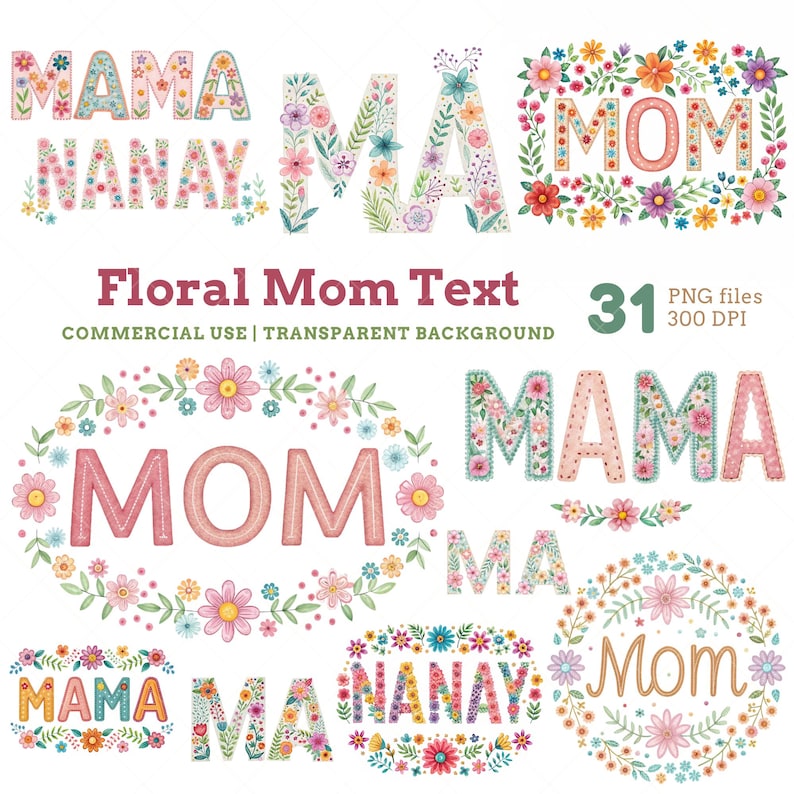 Floral Mom Text Clipart: Mother's Day PNG Letters (digital Download ...