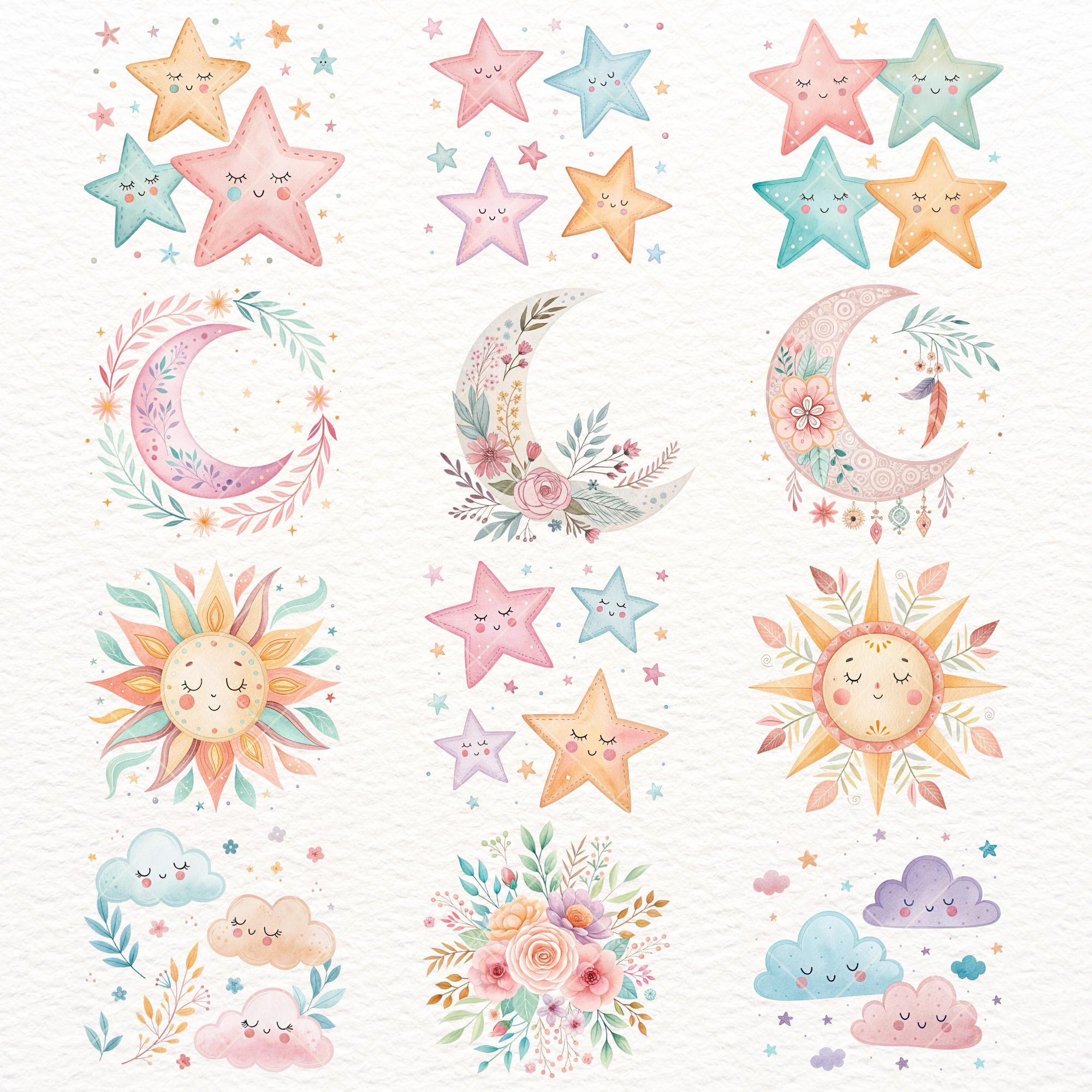 Pastel Boho Rainbow Clipart Set: Nursery Art Graphics, Clouds, Moons ...
